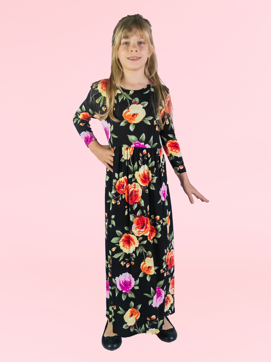 24seven Comfort Apparel Girls Floral Pleated Waist Maxi Dress Machine